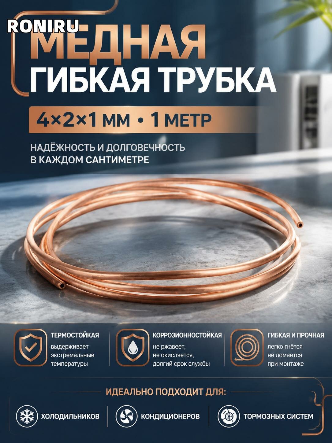 Медная гибкая трубка 4×2×1 мм, 1 м — для холодильников, кондиционеров и тормозов, термостойкая, коррозионностойкая