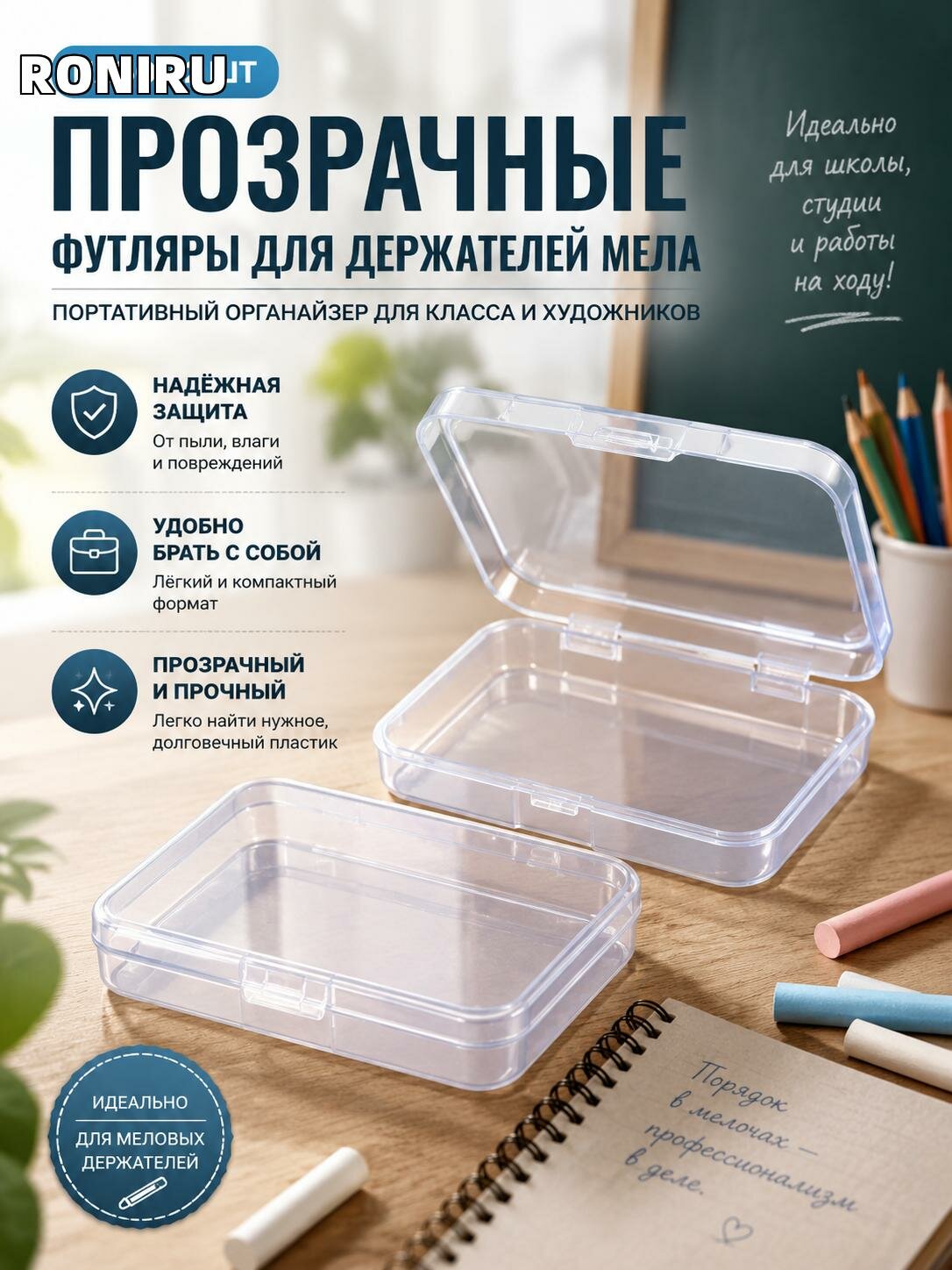Набор 2 шт прозрачных футляров для держателей мела — портативный пластиковый органайзер для класса и художников
