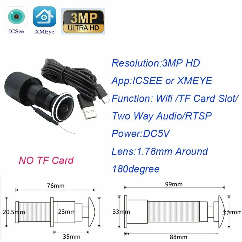 ICSEE WiFi IP-камера для двери 3MP NO TF Card 1.78mm, Европейская вилка (EU Plug)