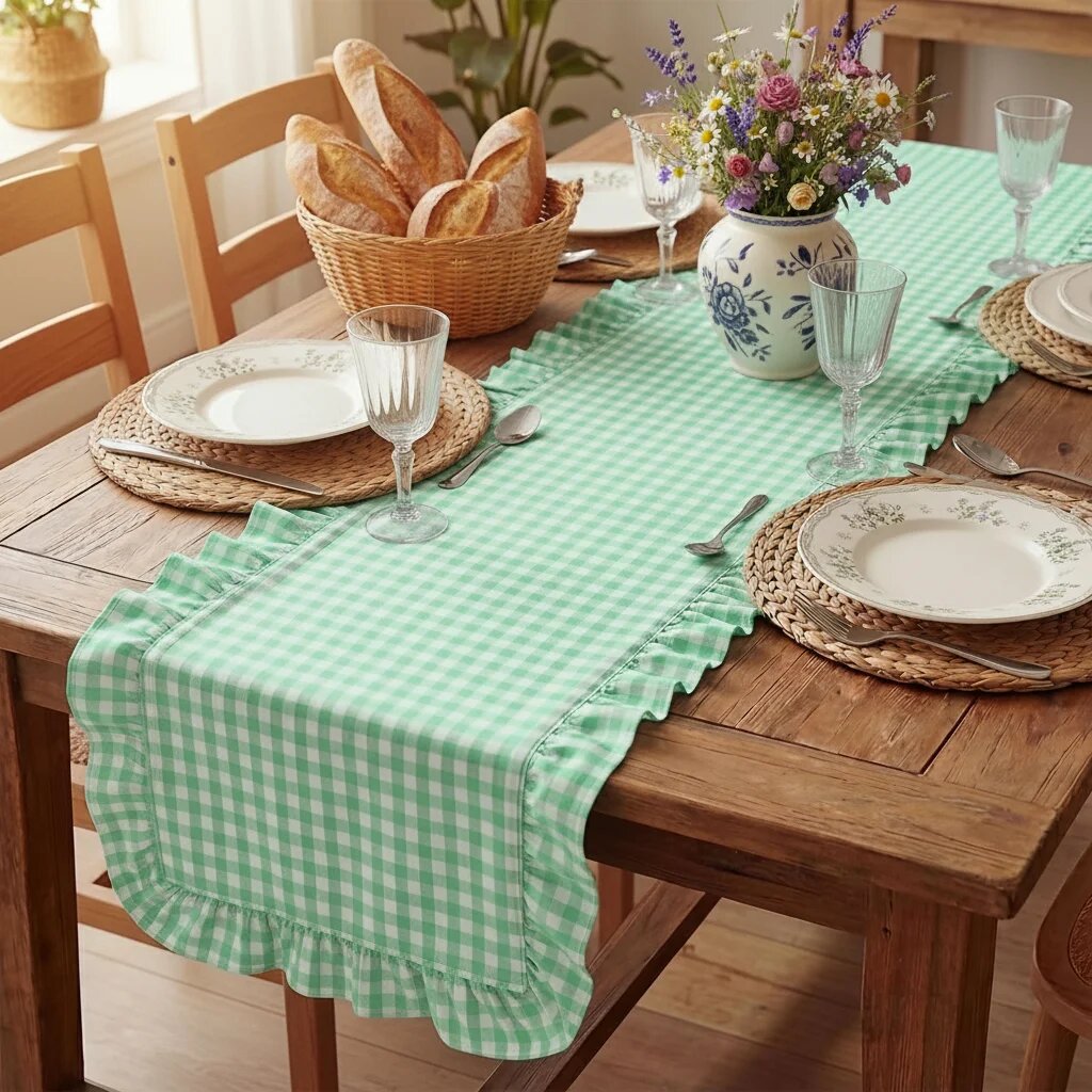 Скатерть-дорожка клетка с рюшами 40x140cm, Зеленый, green