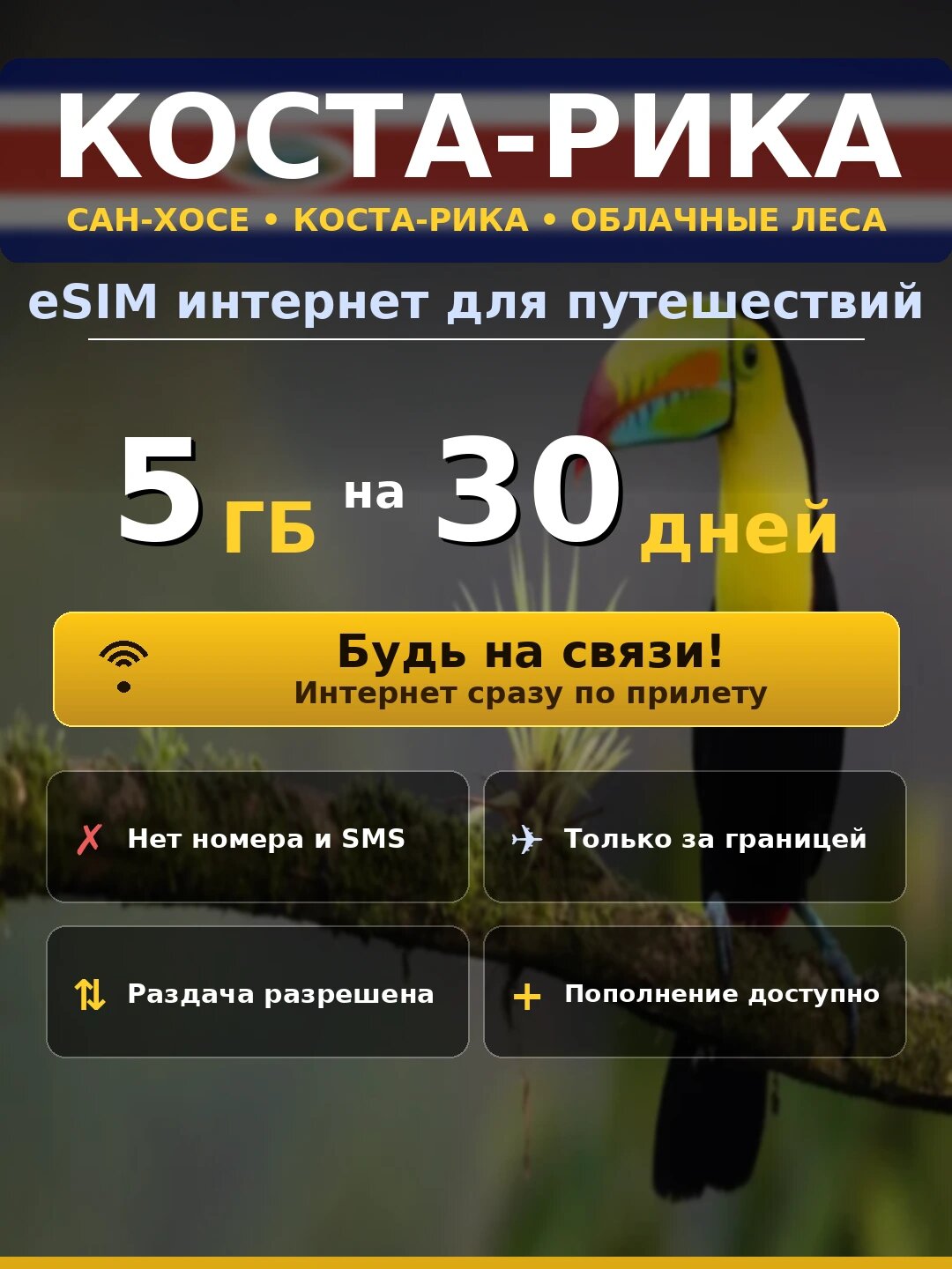 ESIM Коста-Рика — мобильный интернет 5 ГБ на 30 дней | виртуальная SIM-карта для путешествий
