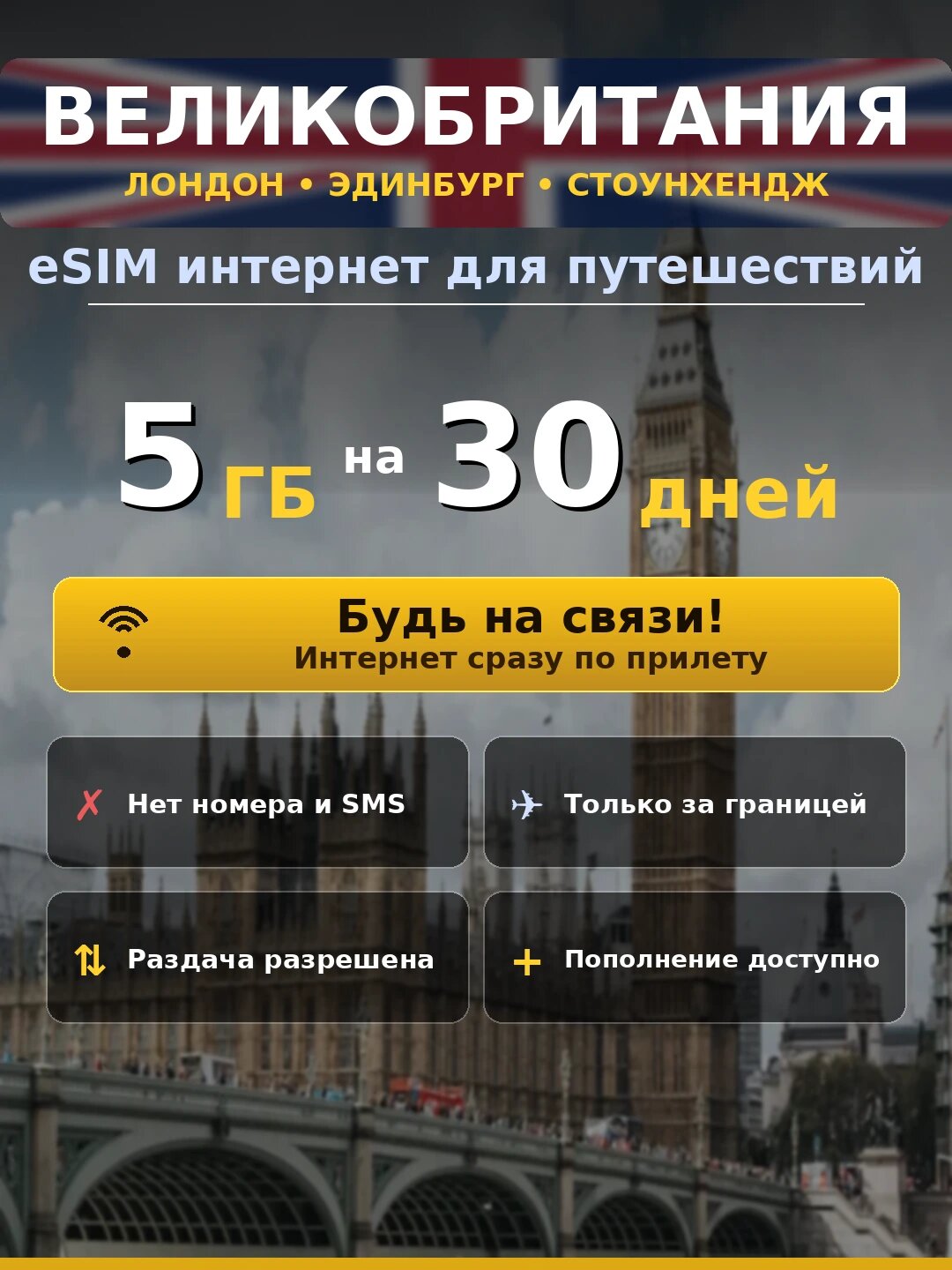 ESIM Великобритания — мобильный интернет 5 ГБ на 30 дней | виртуальная SIM-карта для путешествий