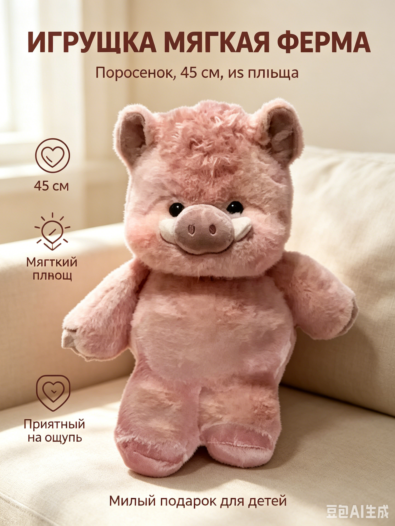 Игрушка мягкая "Ферма: поросенок/овца/корова", 45/60 см, из плюша