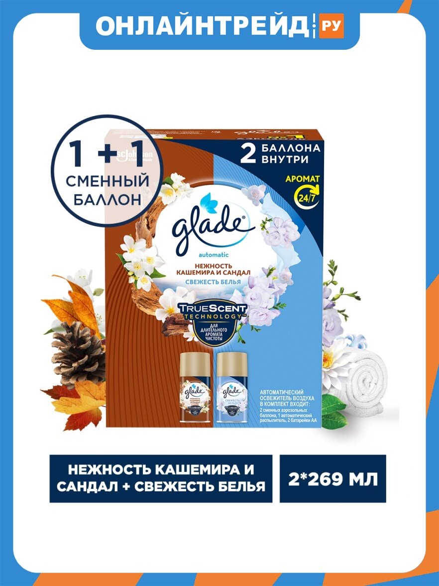 Автоматический освежитель воздуха Glade Automatic Нежность кашемира и сандал / Свежесть белья, основной блок, 2 сменный баллона, 2*269 мл