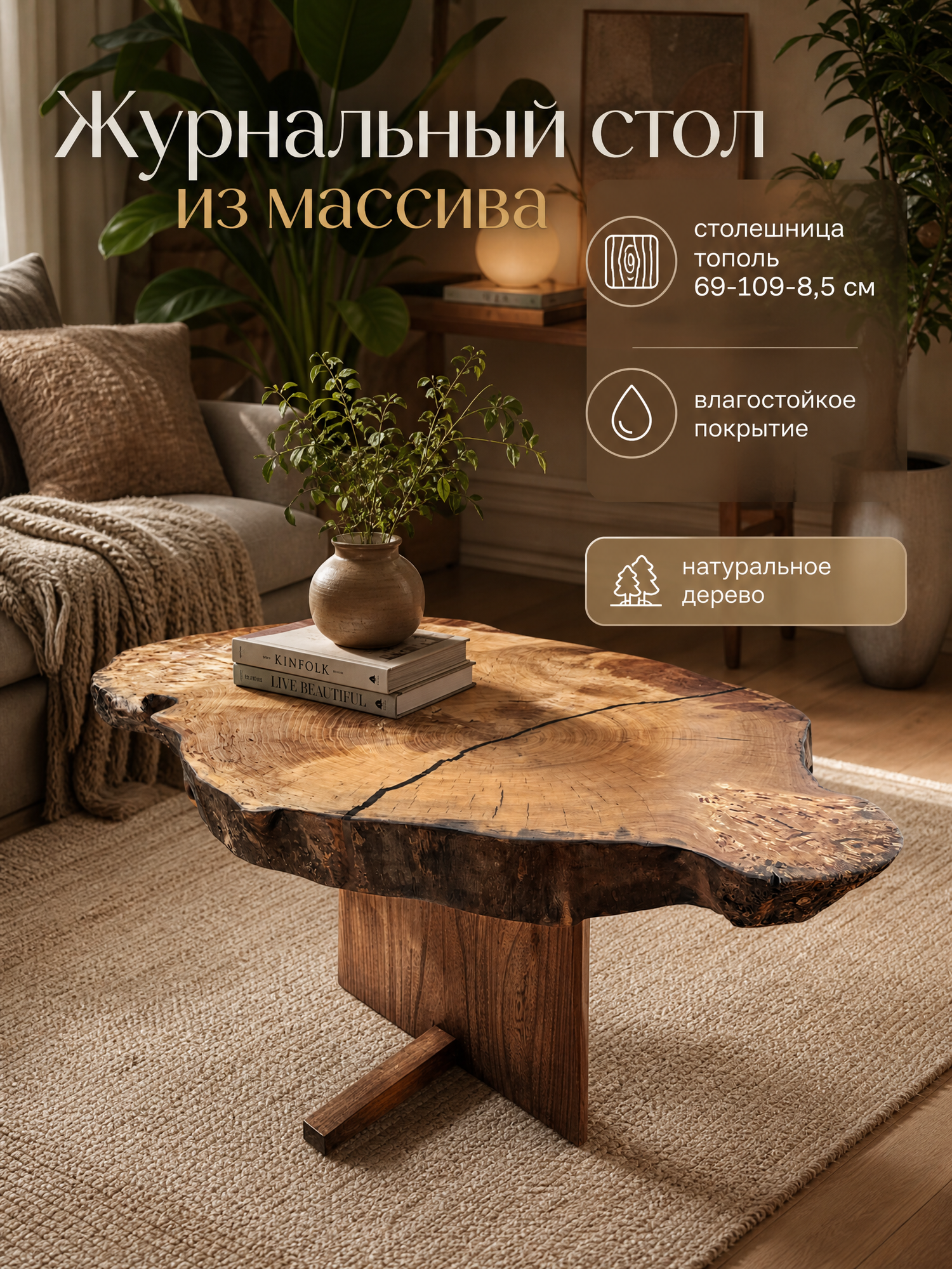 Журнальный столик Vamstol 69-109-52см. , стол лофт из массива тополя, стол из эпоксидной смолы