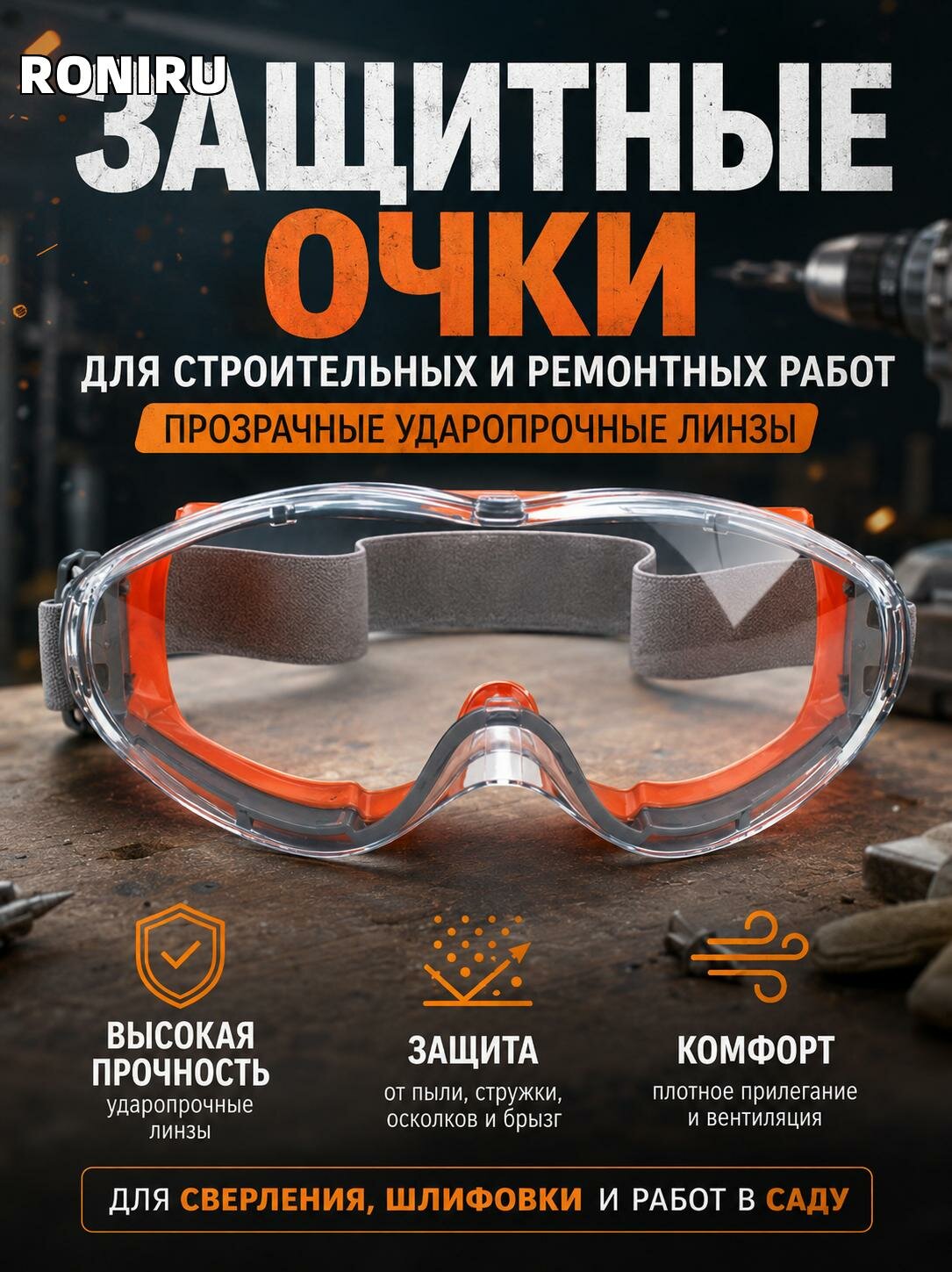 Защитные очки для строительных и ремонтных работ — прозрачные ударопрочные линзы для сверления, шлифовки и сада