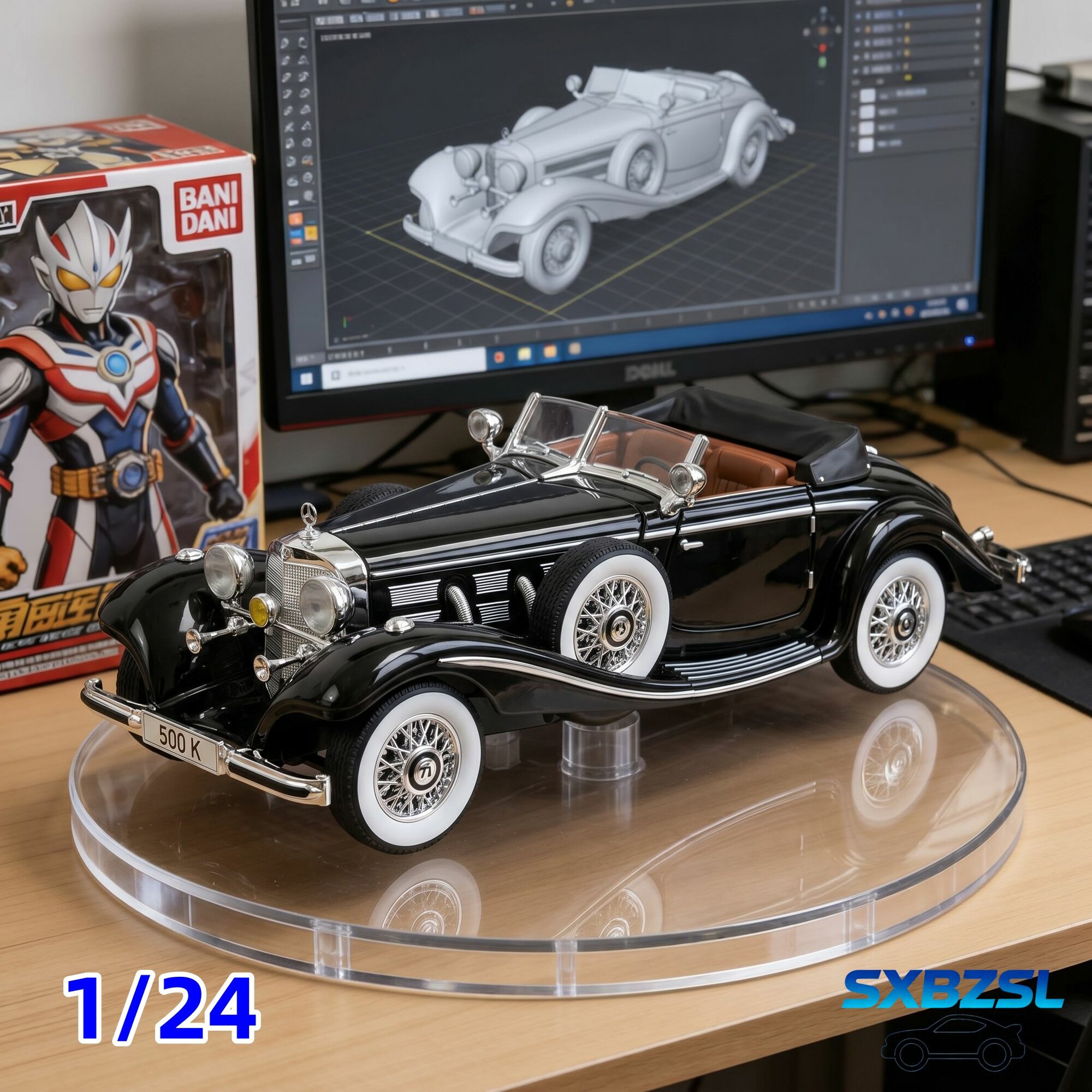 Металлическая машинка Mercedes 500K 1:24, Коллекционная модель машины для взрослых, Игрушечный автомобиль с звуковыми и световыми эффектами для детей