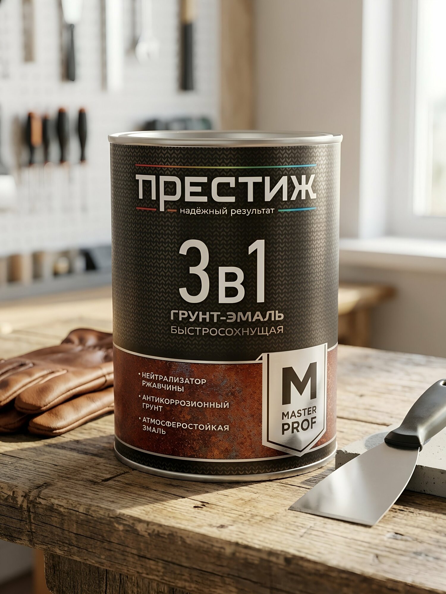 Грунт-эмаль по ржавчине Престиж Мастер 3в1 серая 0.9 кг быстросохнущая смоляная краска для металла наружных и внутренних работ