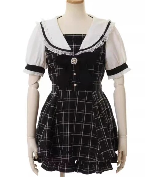 Godivana Классический японский комплект платья с матросским воротником для M, short sleeve plaid