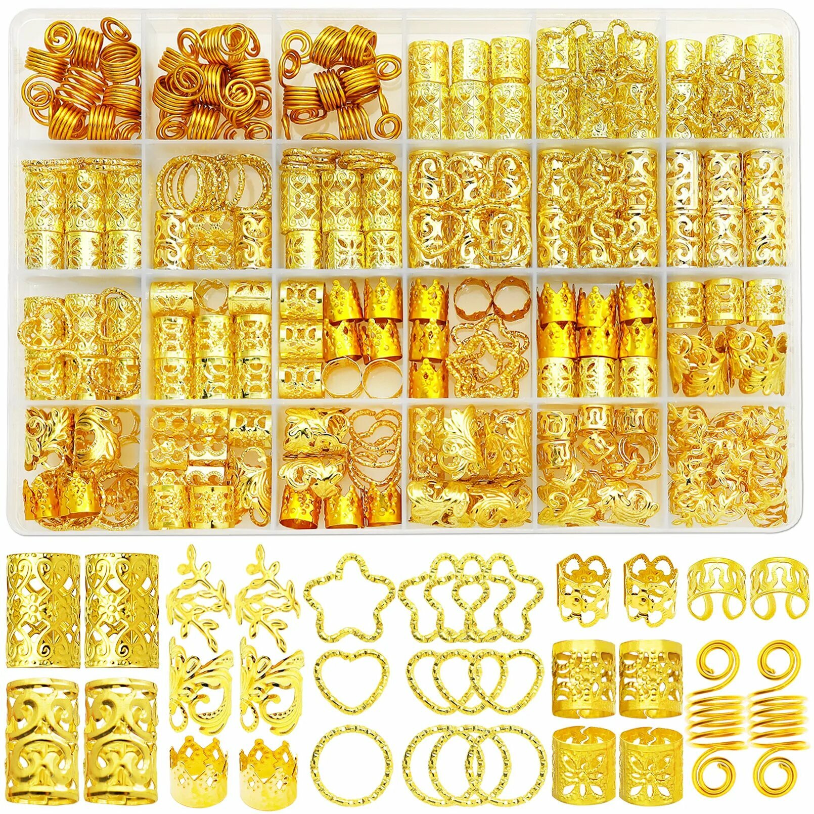 260 шт. Бусины для волос RechicGu, золотые и серебряные Gold