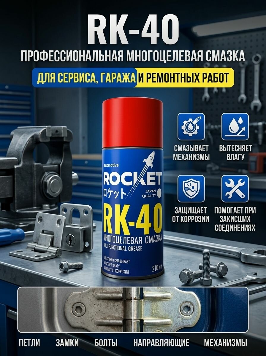 Жидкий ключ аэрозоль 210 мл, универсальная проникающая смазка RK-40, антикоррозийная, с трубочкой