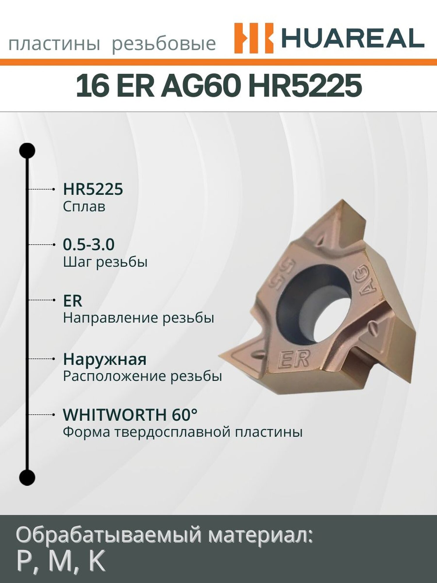 Сменная пластина резьбовая 16 ER AG60 HR5225 HUAREAL, 10 шт в наборе