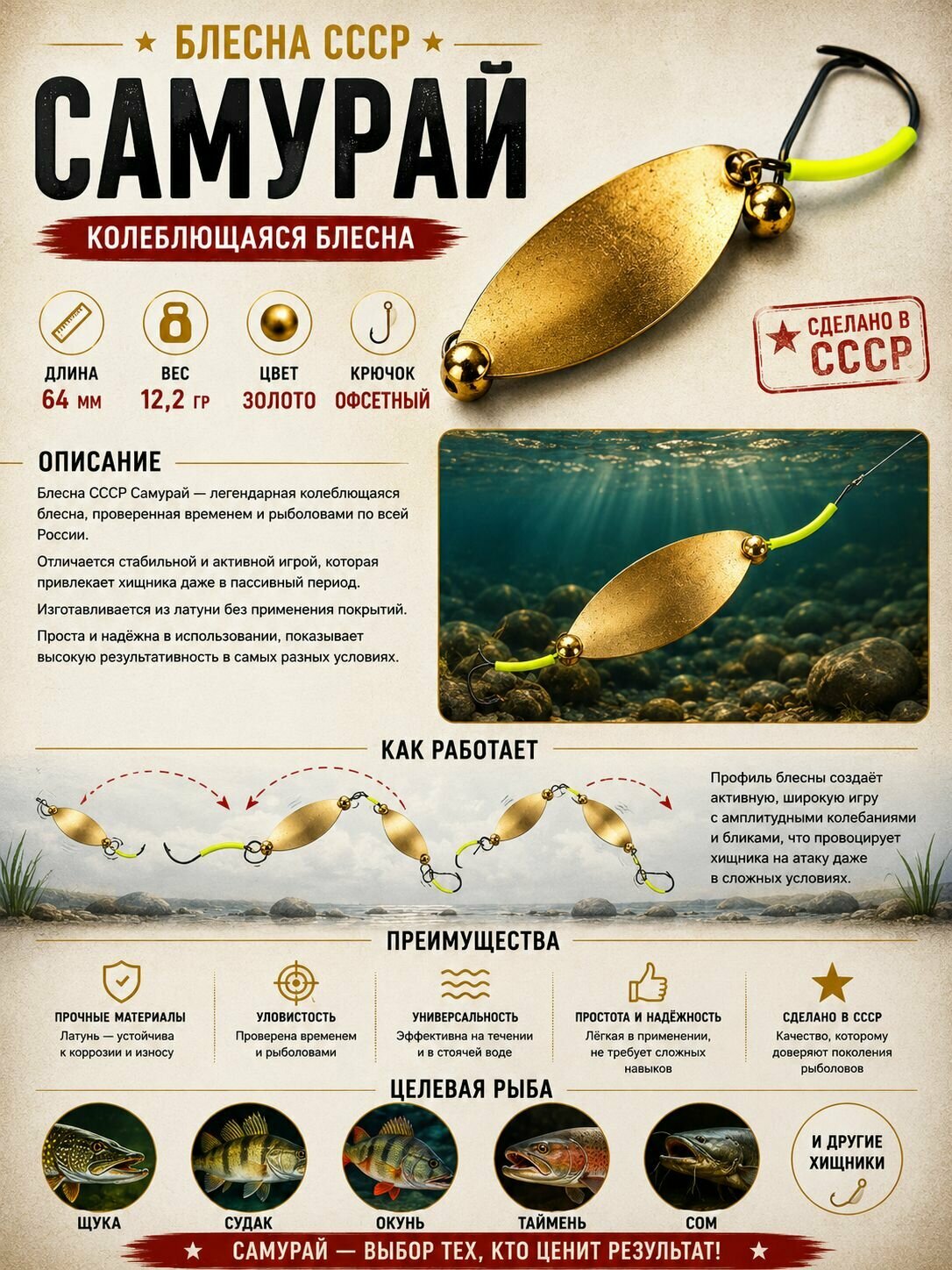Советская Блесна самурай 64мм 12,2 гр (золото) офсетник