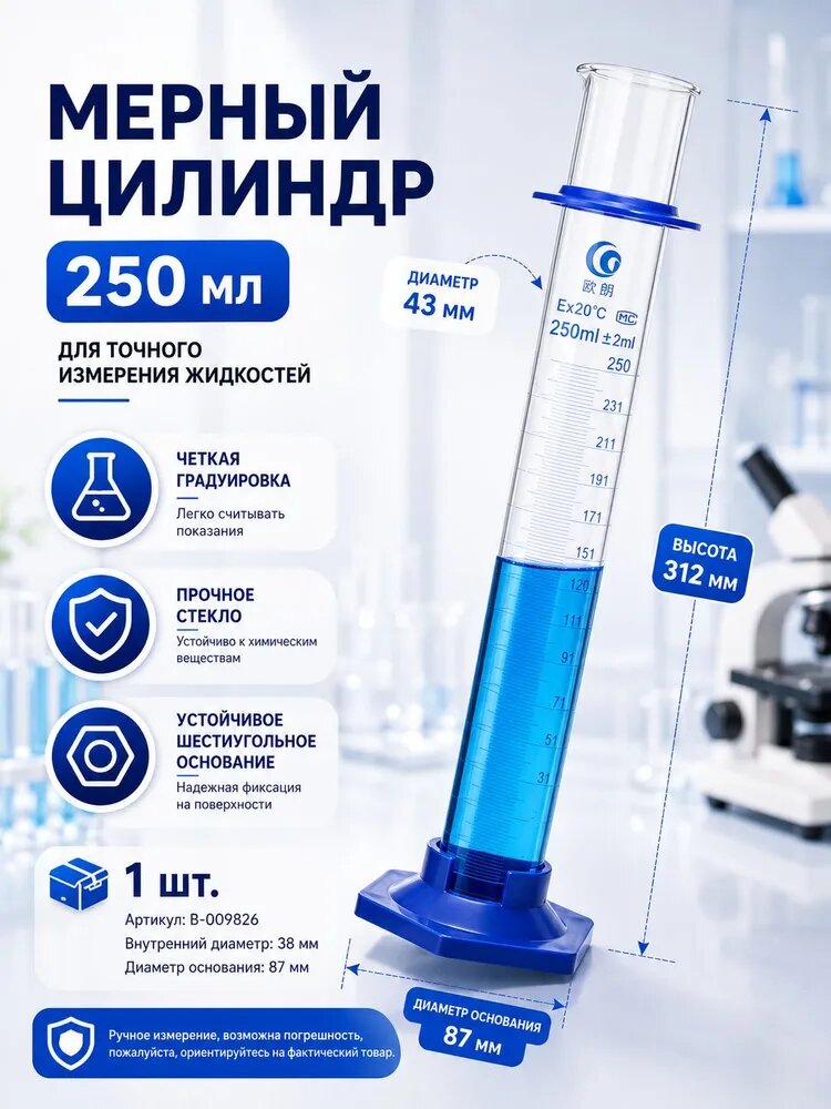 Мерный цилиндр 250 мл, прочное стекло, устойчивое основание, четкая градуировка, 1 шт