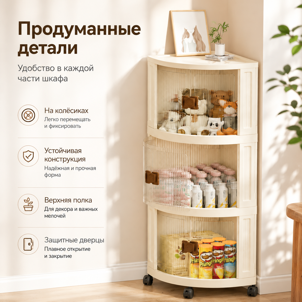 Угловой мобильный стеллаж с дверцами, компактный шкаф для использования свободного углового пространства 35*47*99cm — фото 1