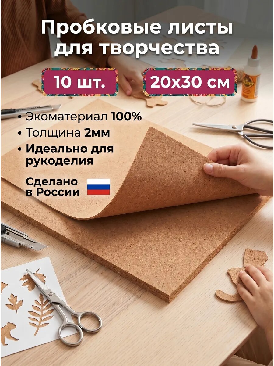 Пробковая подложка, 2 мм, 10 листов 20х30 см