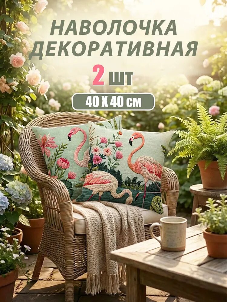 XMDD Наволочка декоративная 40x40 см, 2 шт, с рисунком фламинго и цветов
