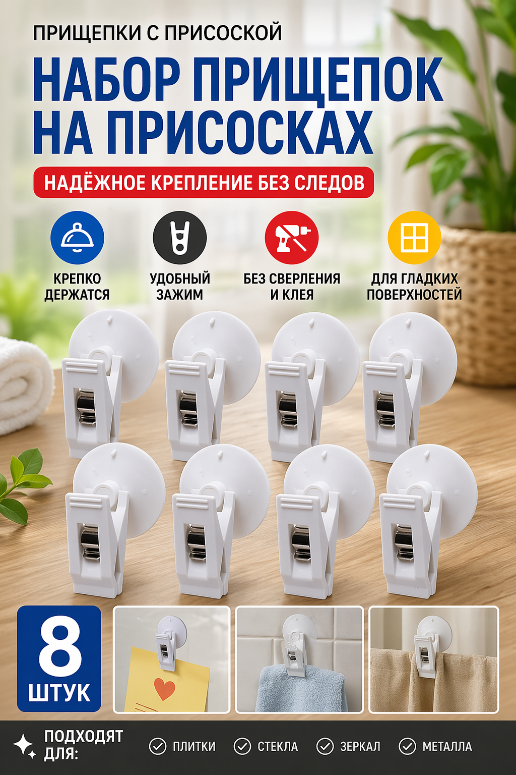 Зажимы GJQ с вакуумными присосками, белые, набор из 8 штук, для дома, для кухни.