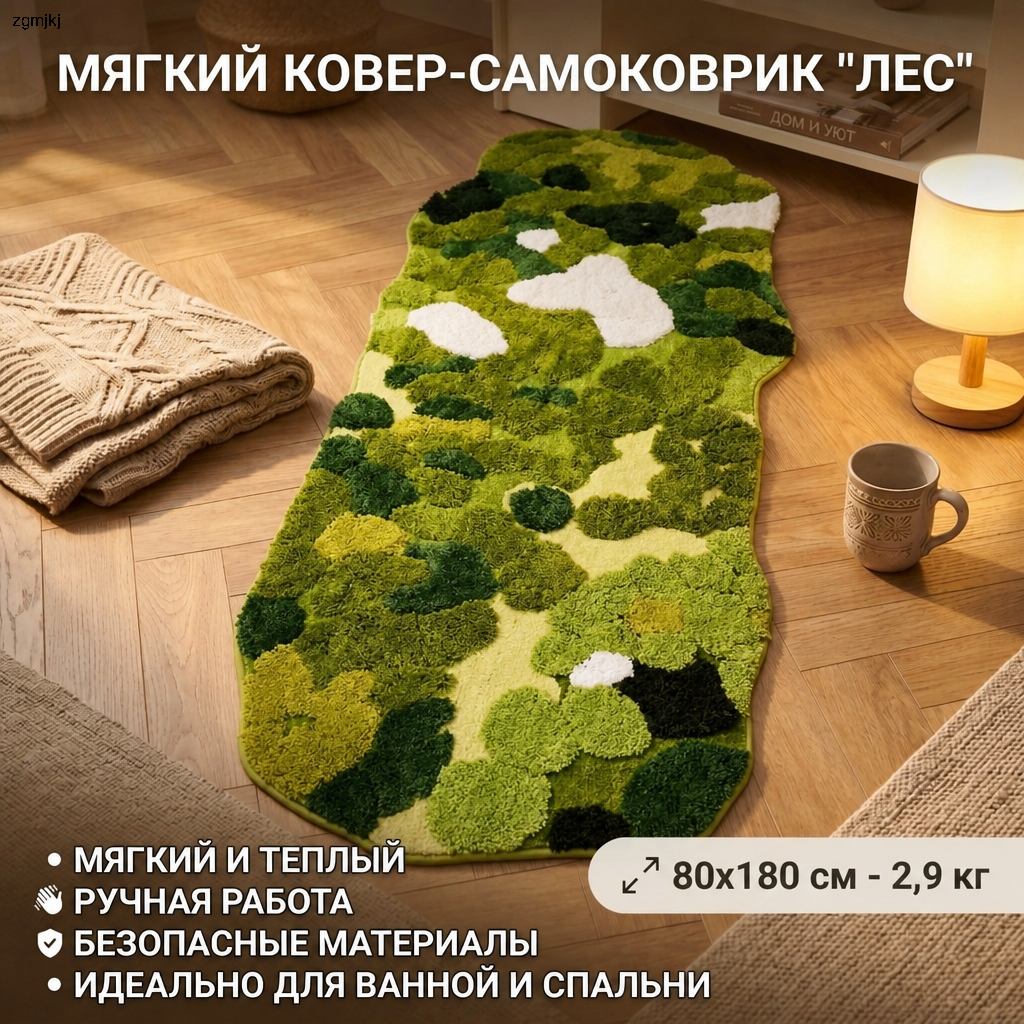 Коврик-мох зелёный флок 80×180 см, 3D ворс, TPR антискользящее
