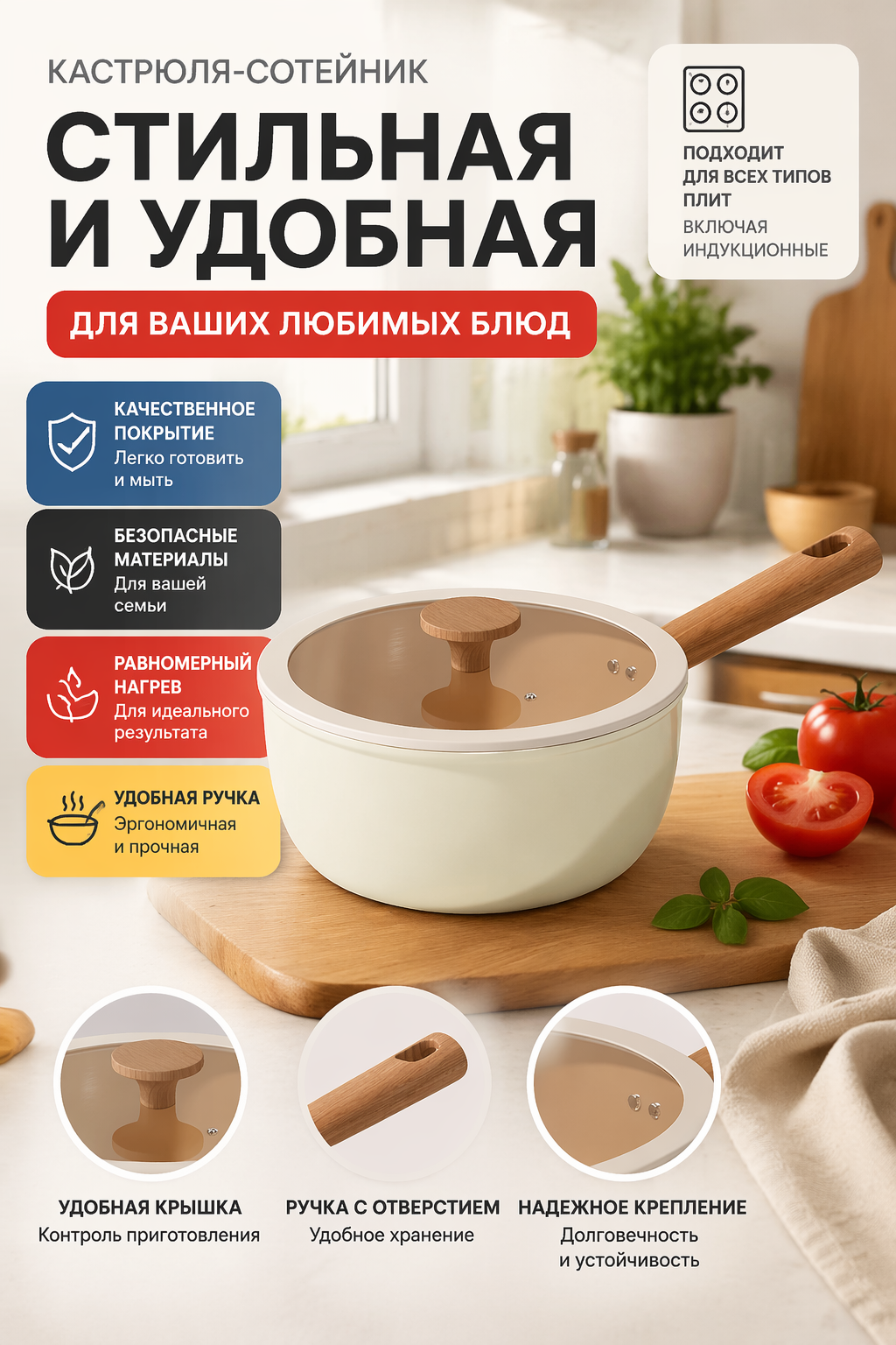 Кухонный ковш Neoflam 18 см, керамическое покрытие, 1.6 л, антипригарный