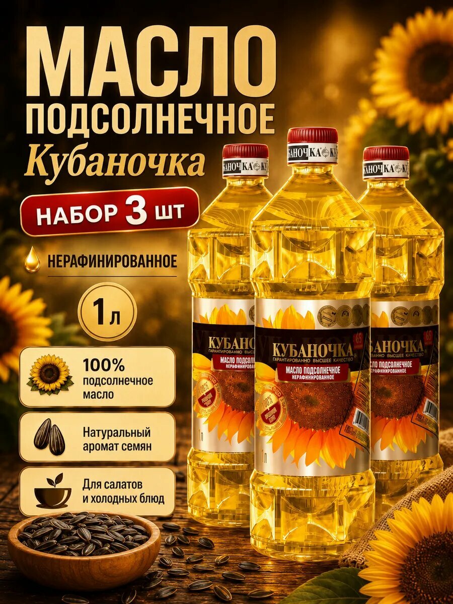 Масло подсолнечное Нерафинированное ароматное 3 шт по 1 л
