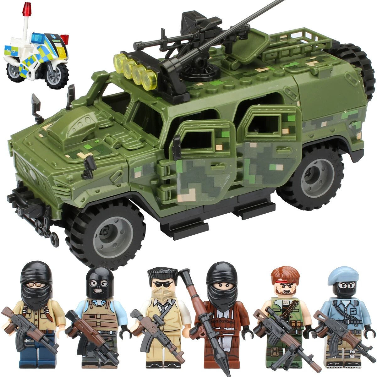 Зеленый военный бронированный автомобиль с 6 фигурами (Бандиты) — в комплекте бесплатный мотоцикл