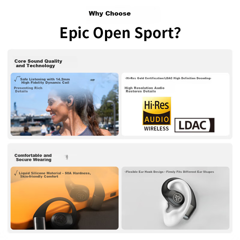JLab Epic Open Sport открытые наушники Bluetooth беспроводные для бега комфортная посадка черные Цвет：Открытые удобные
