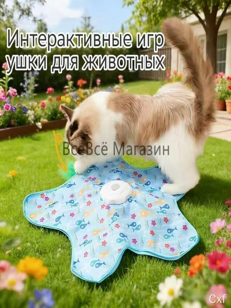 Игрушка для кошек интерактивная с волчком, синий коврик-звездочка с рисунком рыб, для игры на природе