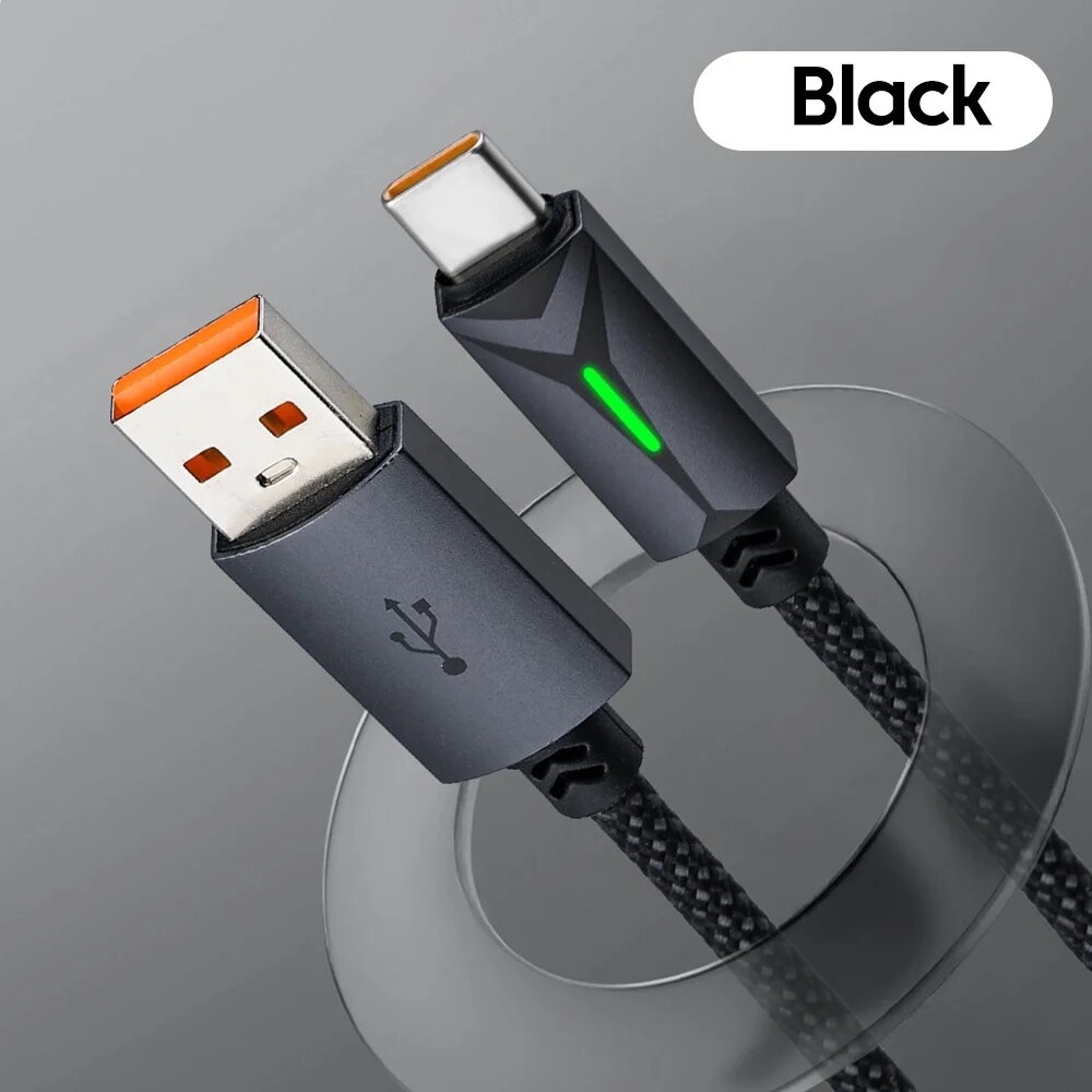 Кабель USB Type C Черный 1m, 6A/120W с LED