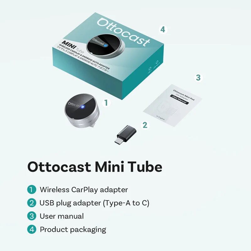 Беспроводной адаптер Ottocast Mini Tube для CarPlay и Android Auto, USB-донгл, быстрое и Mini Tube