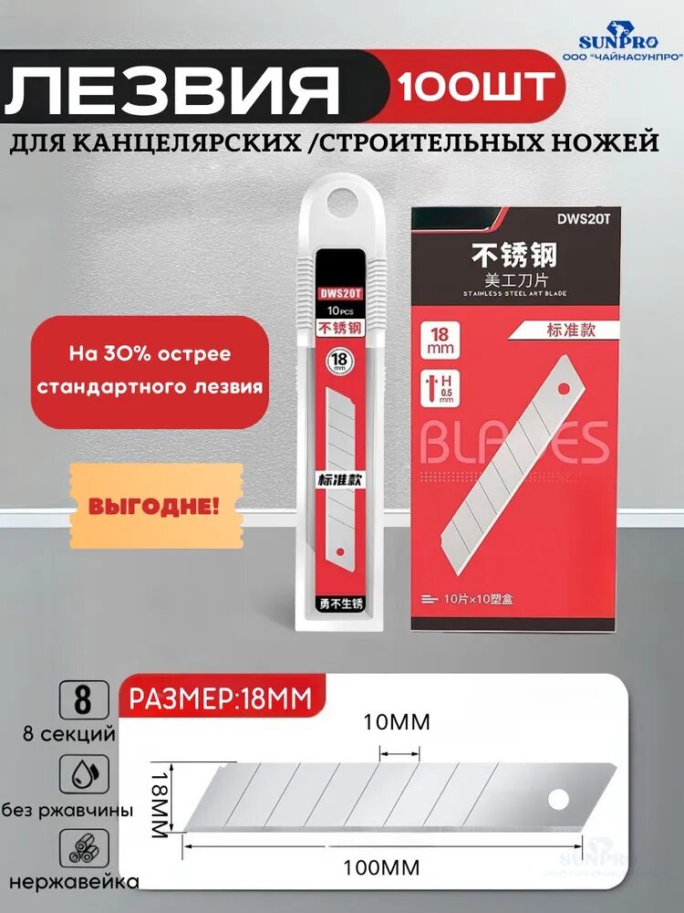 Лезвия SUNPRO для строительного ножа 18 мм 100шт / Лезвия сменные для канцелярского ножа