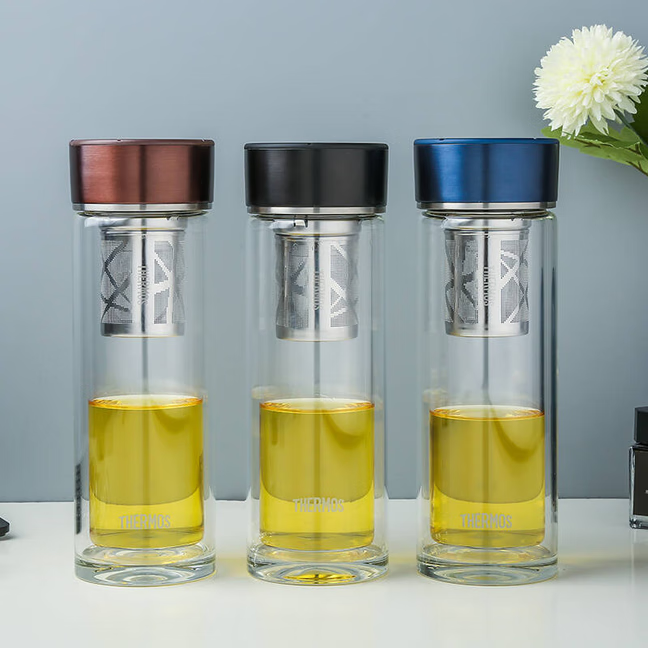 THERMOS Двойная стенка из высокоборосиликатного стекла чайник 400 мл с фильтром для бизнеса Цвет：TCGD*400ml Синий