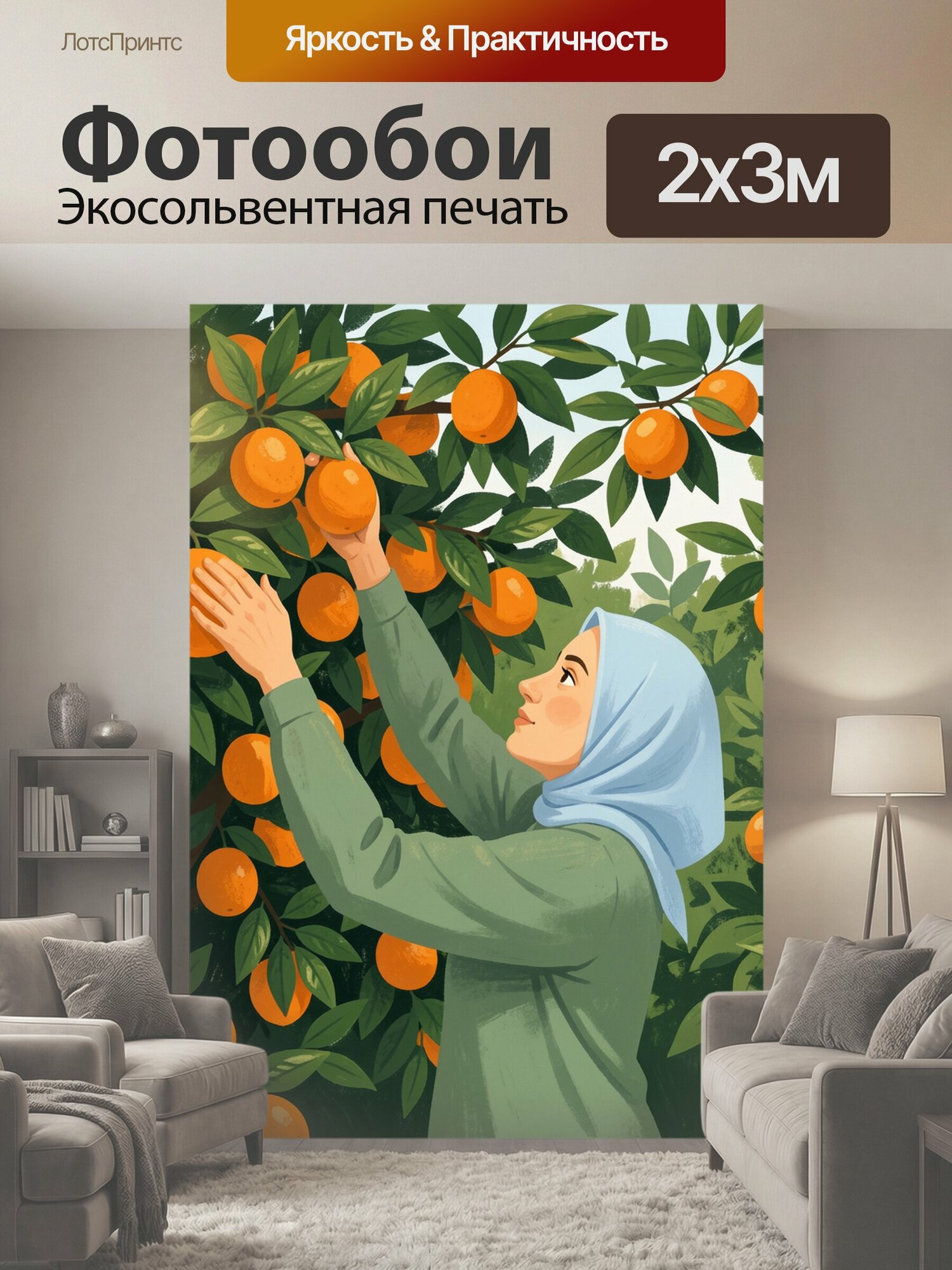 Фотообои "Сбор апельсинов в саду. Девушка в светлом хиджабе тянется к спелым цитрусам среди густой зелени, яркие оранжевые плоды на ветвях." 200x300 см. экосольвентная печать