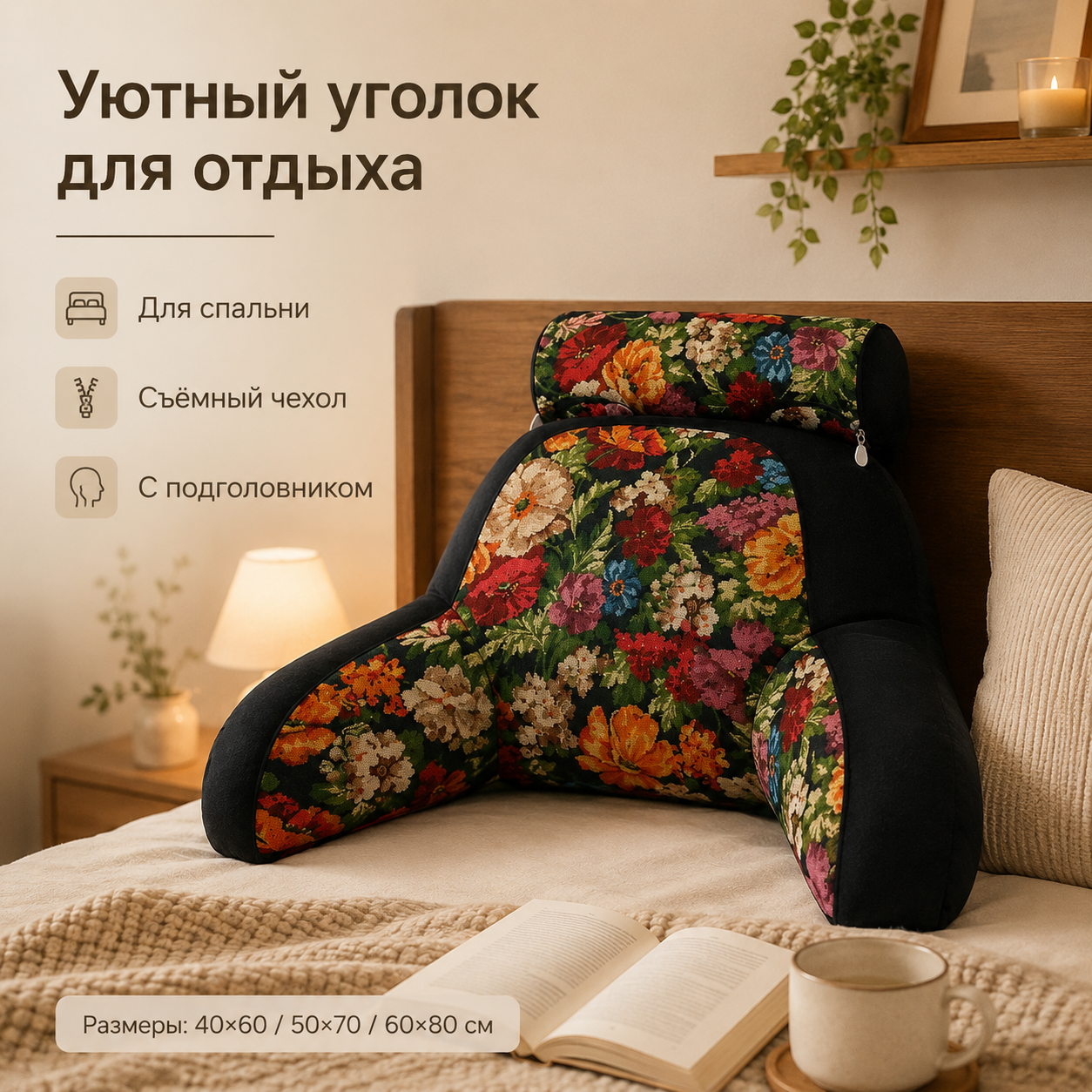 Мягкая спинка-изголовье для кровати, съёмный чехол, размеры 50x70 см, с подголовником