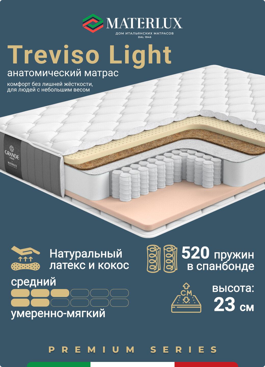 Матрас MaterLux Treviso Light 200х200, итальянское производство, натуральный латекс и кокос, люкс-трикотаж Arno