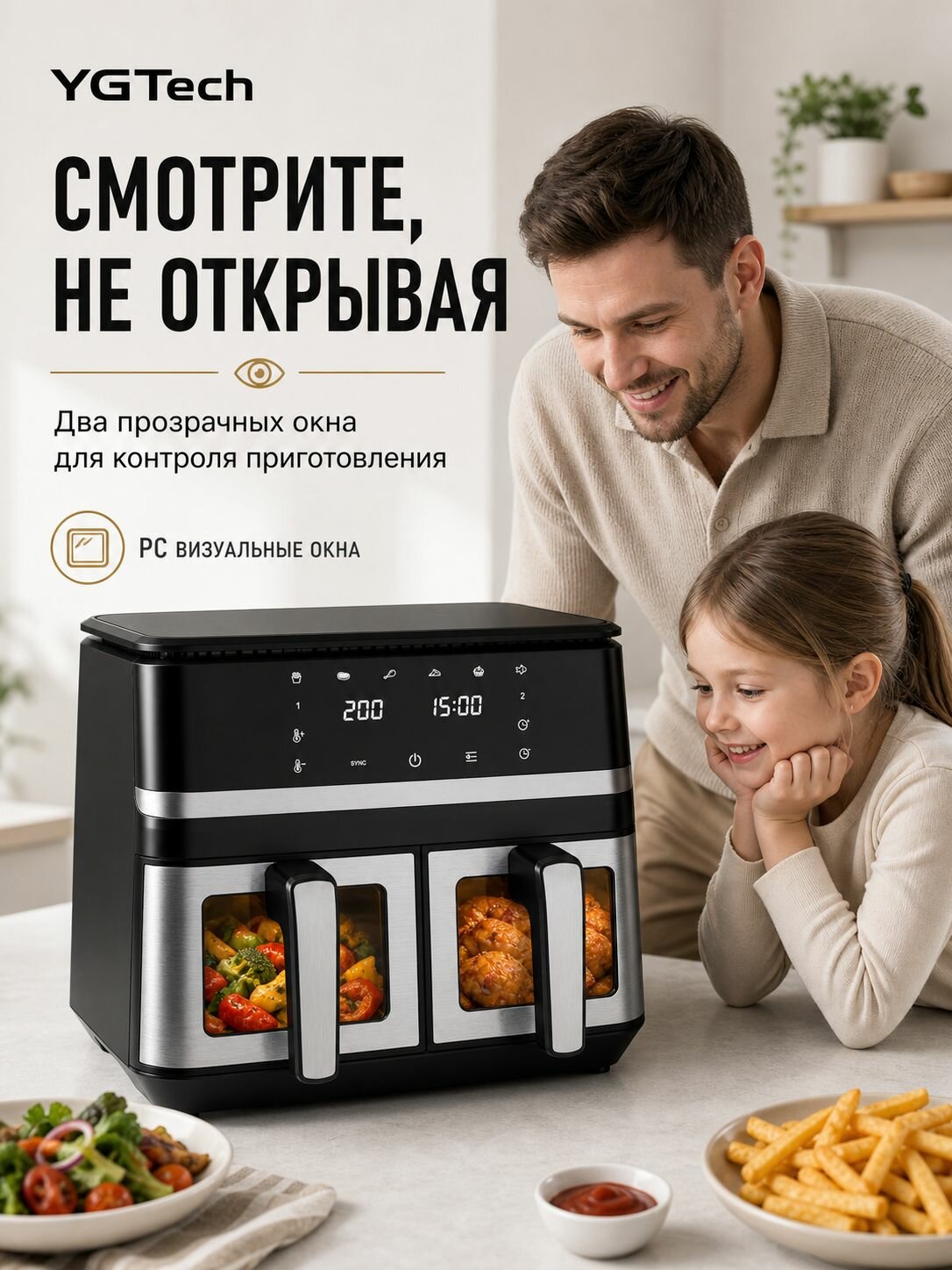 YGTECH Аэрогриль электрический с двумя чашами 5 литров 2000вт с дисплеем