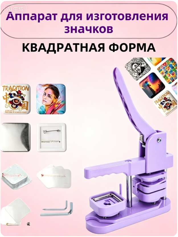 Аппарат для изготовления значков, квадратная, 50 x 50 мм, с 100 шт заготовок для значков