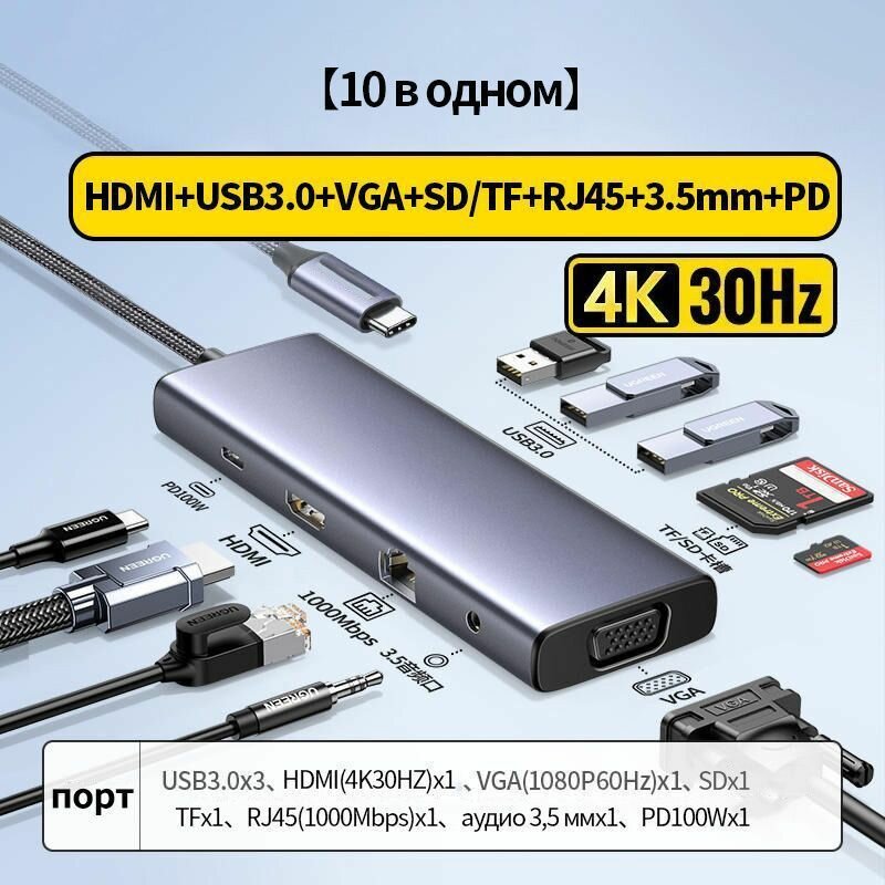 USB-Концентратор 10-in-1 (15601), 4K(30HZ)HDMI, VGA, RJ45, USB 3.0, 3.5mm, PD 100W Hub