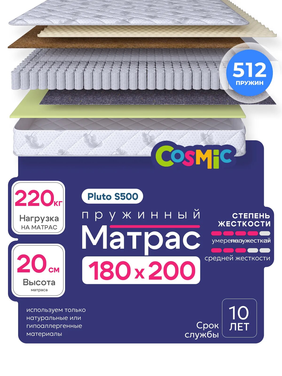 Матрас Cosmic Pluto 180x200 см, пружинный, 2 степени жёсткости, высота 21 см, анатомическая поддержка