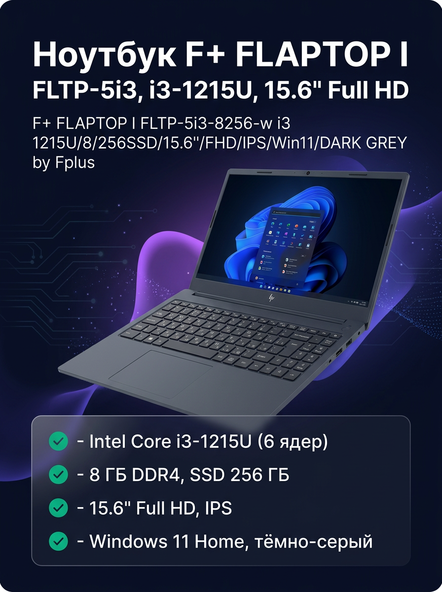 Ноутбук Fplus FLTP-5i3-8256-w, 15.6" IPS FHD, Intel Core i3-1215U, 8 ГБ DDR4, 256 ГБ SSD NVMe, Windows 11, тёмно-серый