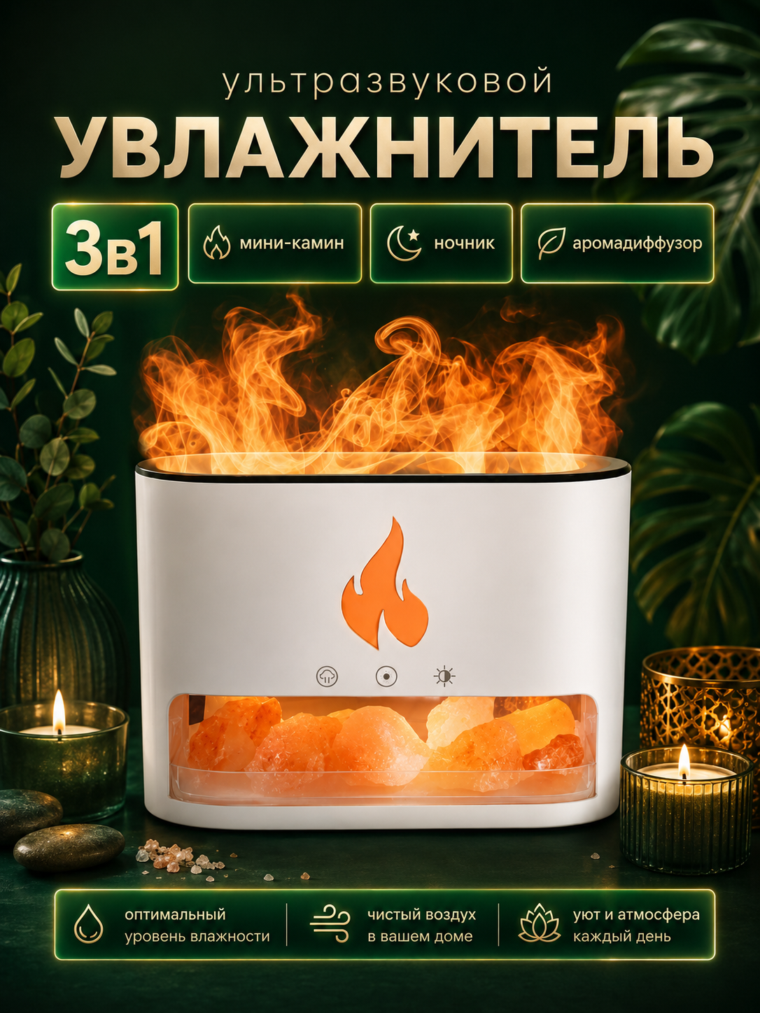 Увлажнитель воздуха с подсветкой FLAME с гималайской солью, Ультразвуковой аромадиффузор ночник для дома, Белый