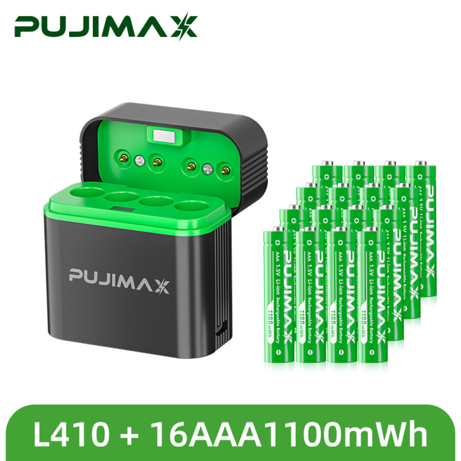Аккумуляторы AAA 1.5В 1100 мВт·ч 16 шт, PUJIMAX Li-ion с USB-C, перезаряжаемые, 1500 циклов