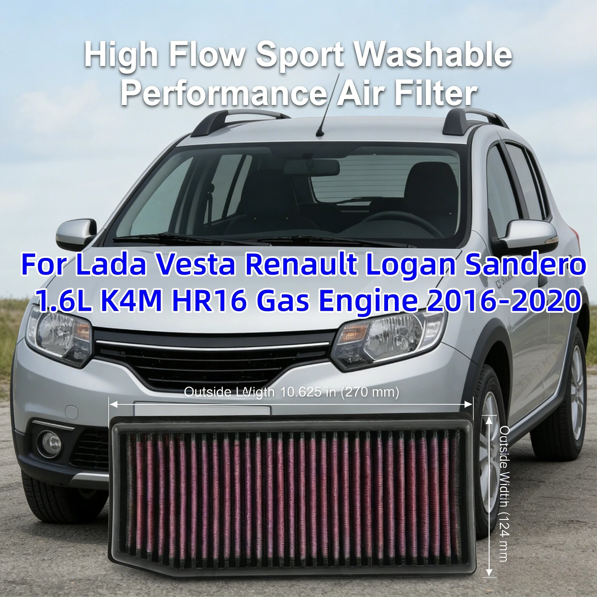 Для Lada Vesta, Renault Logan, Sandero 1.6L K4M HR16 (бензиновый двигатель) 2016-2020: Высокопроизводительный спортивный моющийся воздушный фильтр 33-3007