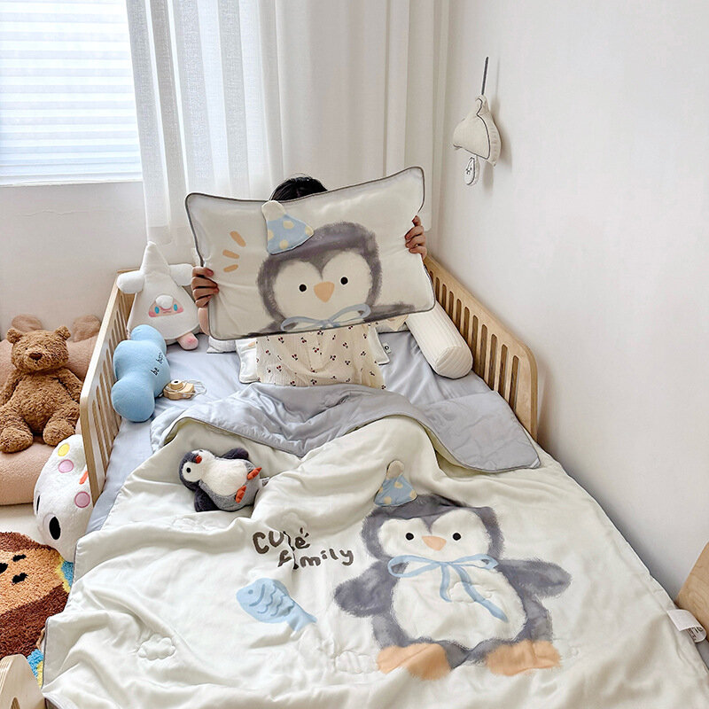 Летнее одеяло с рисунком синей ленты и пингвина для детей, одноразовое, 150x200 см