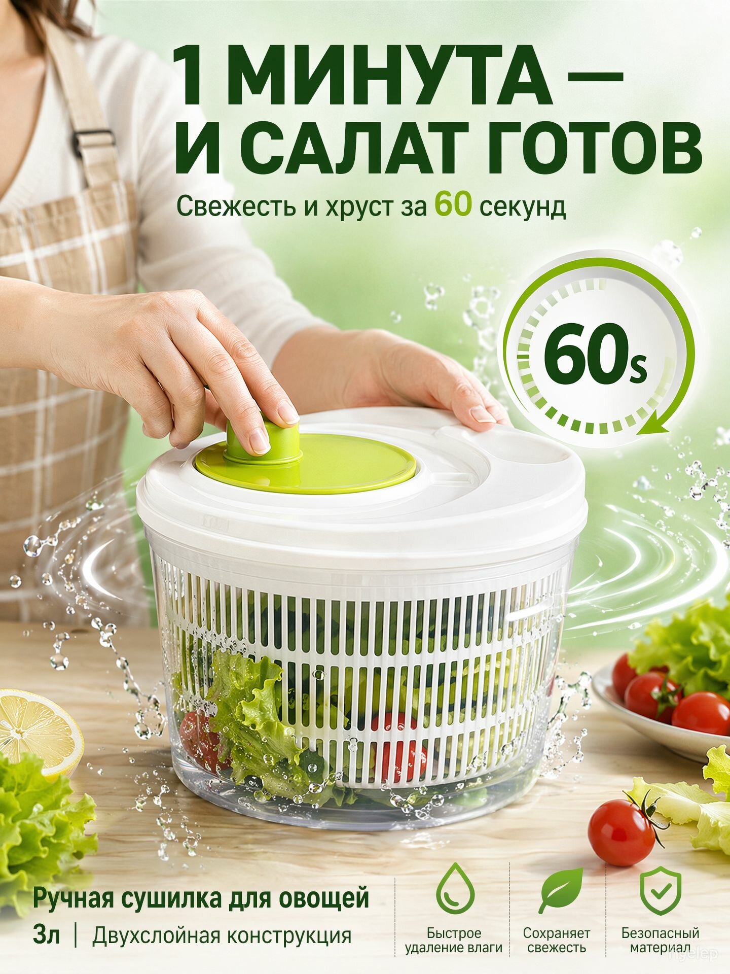 Сушилка для салата, зелени 2 ярусов, 3 л