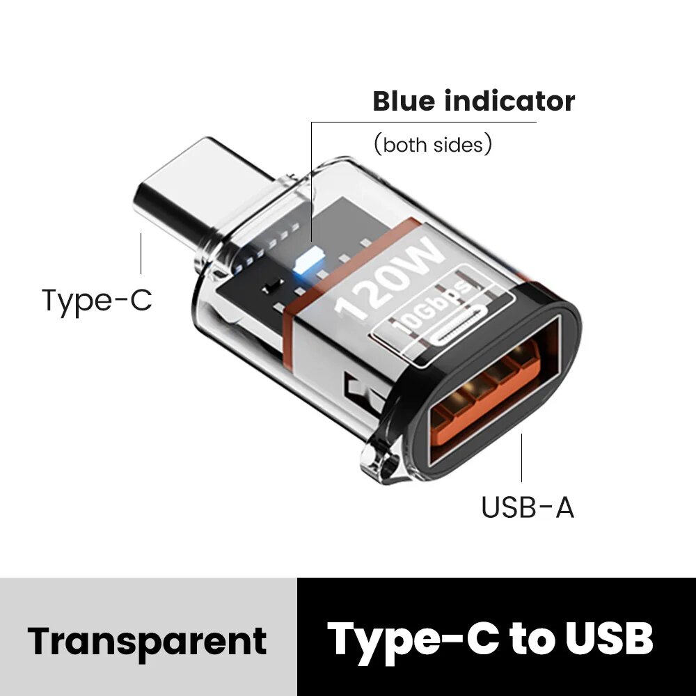 Адаптер OTG Type-C на USB-A 120 Вт, USB 3.2, быстрый зарядный коннектор Type-C для Type-c to USB