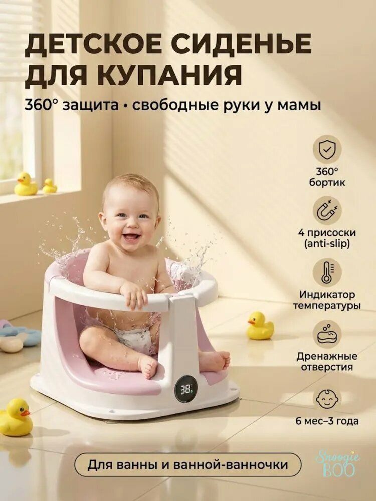 Детское сиденье для купания с присосками 360, стульчик в ванну для малыша 636 месяцев, с индикатором температуры, противоскользящее, PP+TPE