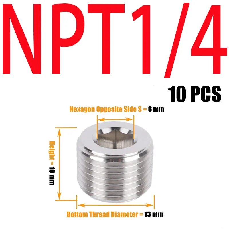Шестигранная заглушка NPT из нержавеющей стали 304 10PCS NPT 1l4
