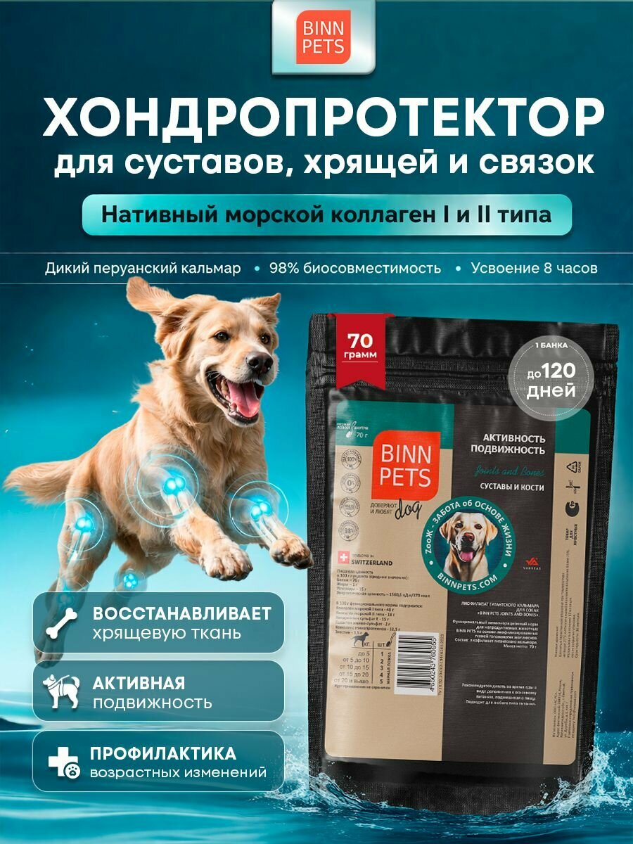 Хондропротектор для собак BINN PETS Joints & Bones 70 г в пакете морской коллаген для суставов хрящей и связок, укрепление костей, восстановление подвижности