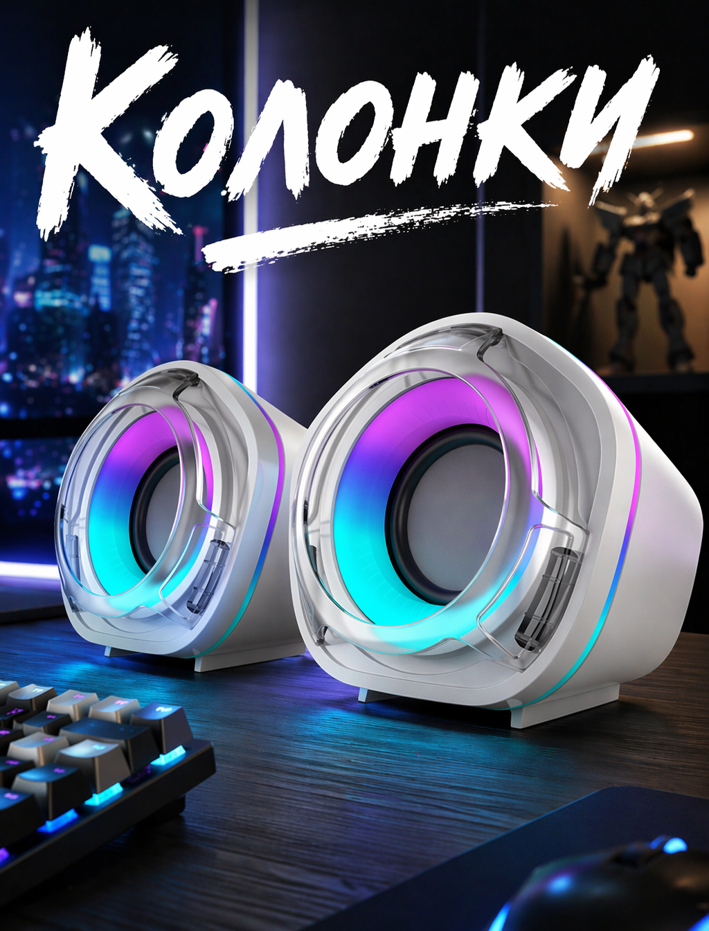 Колонки для компьютера 2.0 5Вт с подсветкой，Компьютерные колонки с RGB-подсветкой，Белый колонки компьютерные динамика